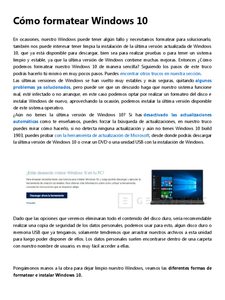 Cómo Formatear Windows 10 | PDF | Windows 10 | Microsoft Windows
