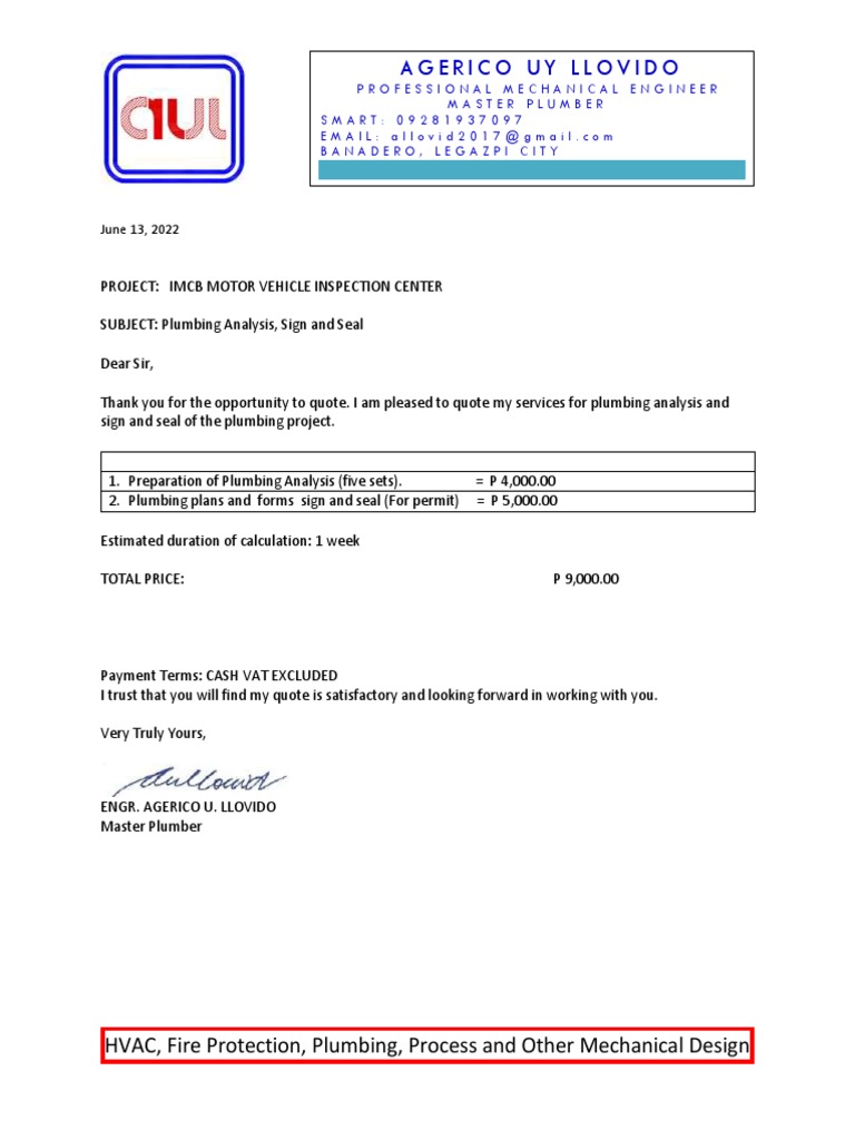 Quotation IMCB Plumbing Analysis and Plan Sign and Seal | PDF ...