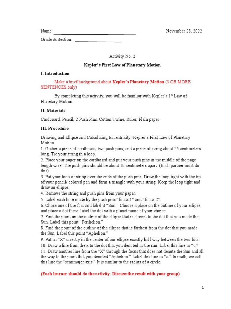 Kepler's First Law Activity Guide | PDF | Ellipse | Apsis