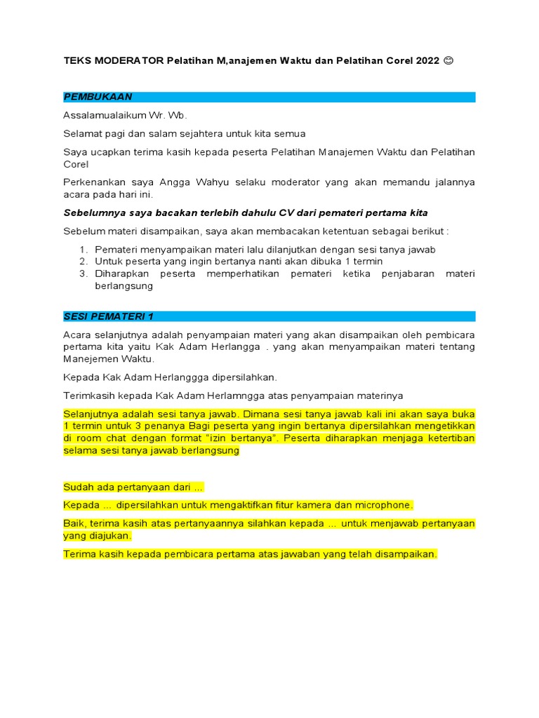 TEKS MODERATOR PELatihan Manajemen Waktu Dan Pelatihan Corel 2022 | PDF