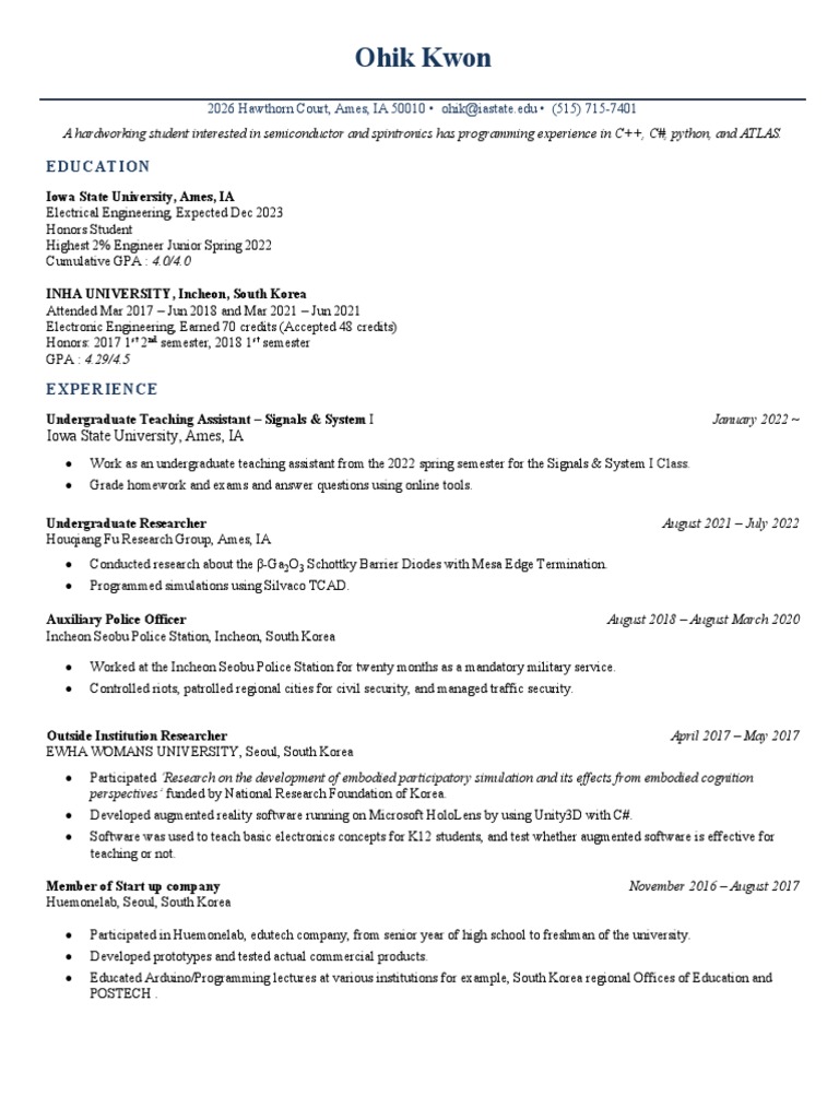 kwon ohik resume | PDF