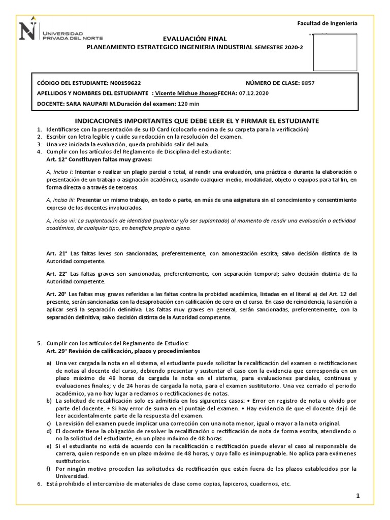 Examen Final de Planeamiento Estratégico | PDF | Prueba (evaluación) | Logística