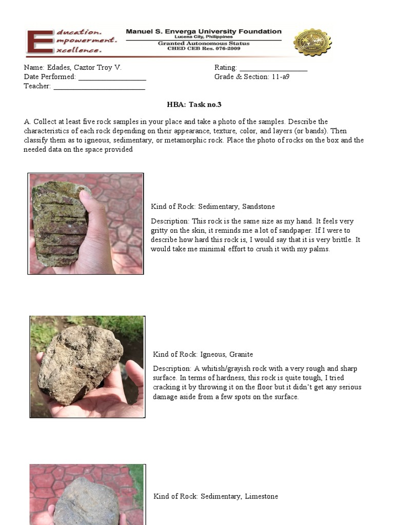 1-EDADES Caztor Troy V. - Q1 HBA W3&4 Task No.1 | PDF | Rock (Geology) | Sedimentary Rock