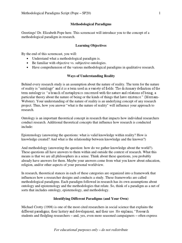 Methodological Paradigms Script Pdf Reality Qualitative Research