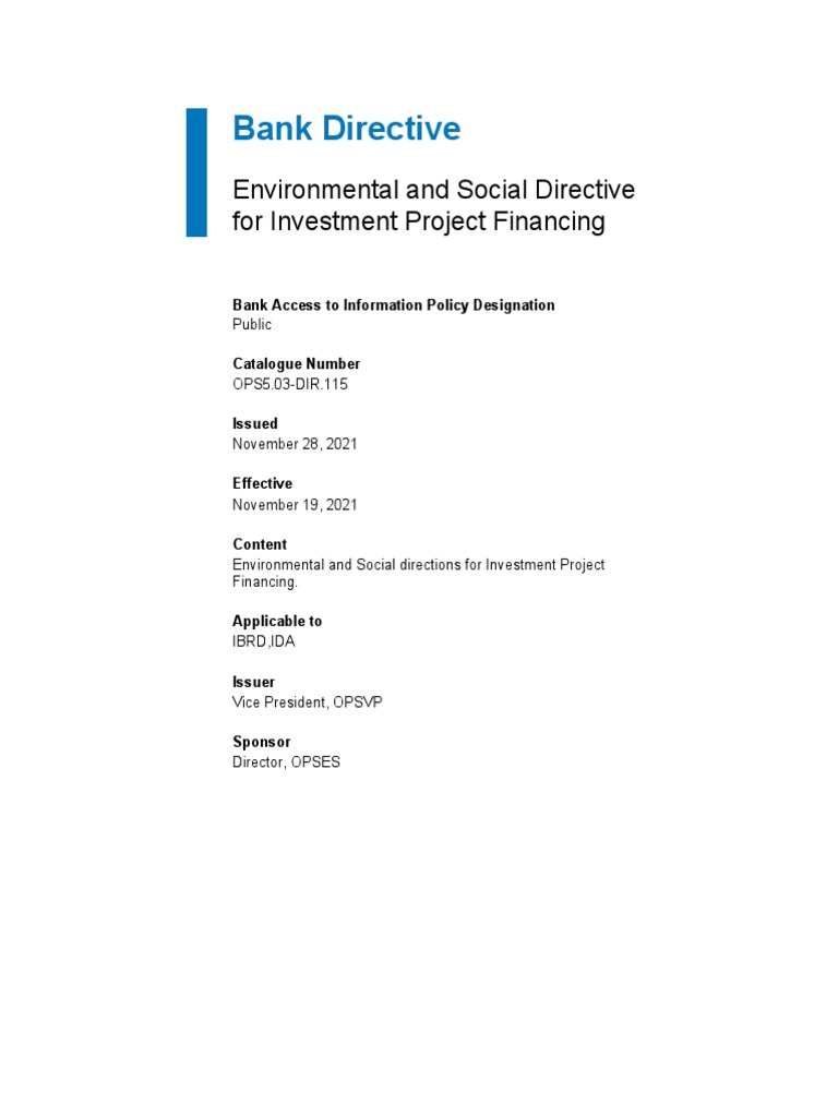 Environmental and Social Directive For Investment Project | PDF | Risk ...