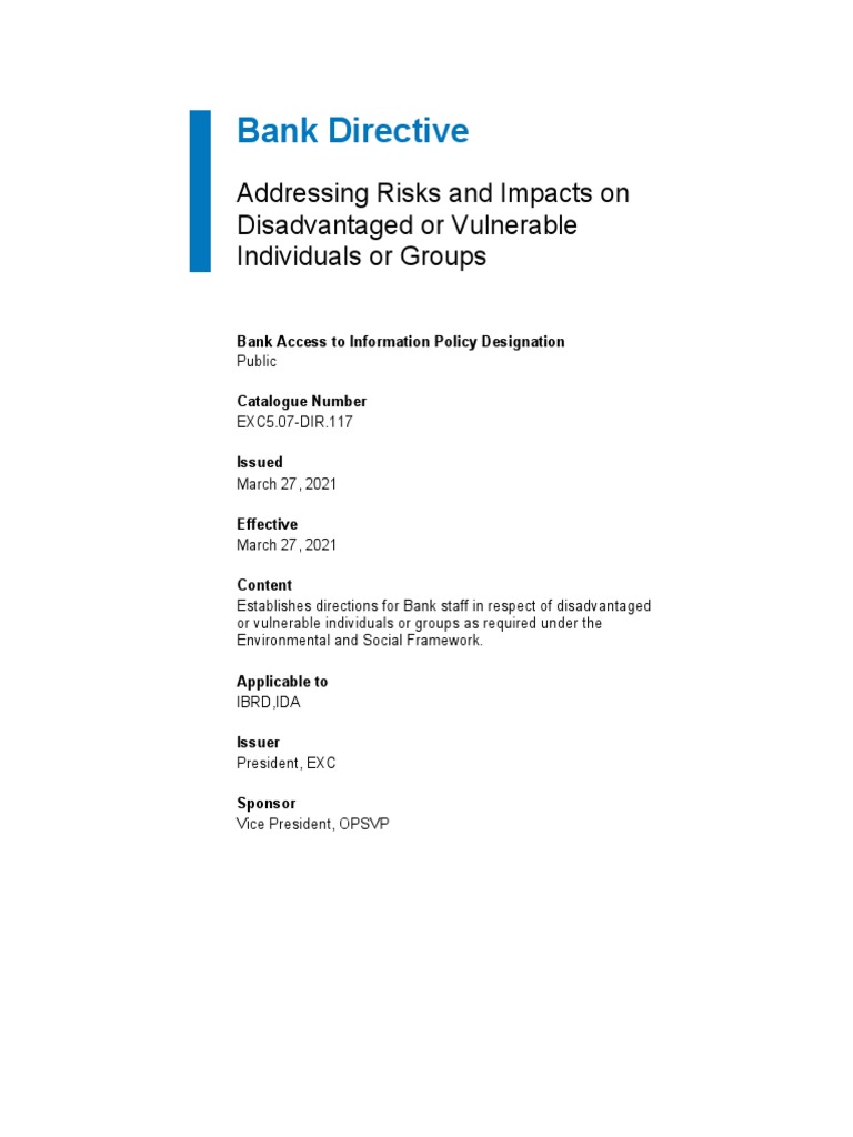 Addressing Risks and Impacts On Disadvantaged or Vulnerable Individual ...