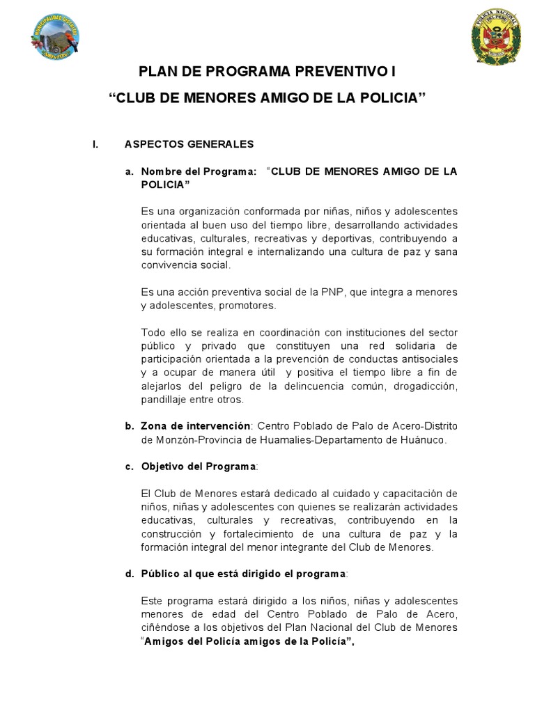 Plan de Programa Preventivo Club de Menores | PDF | Policía | Adolescencia