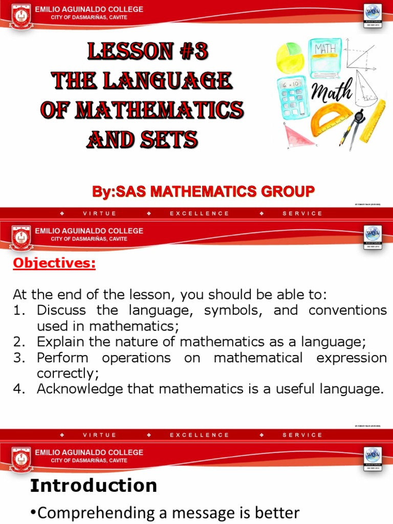 Prelim - Lesson-3 - Language of Mathematics and Sets | PDF | Set (Mathematics) | Mathematics