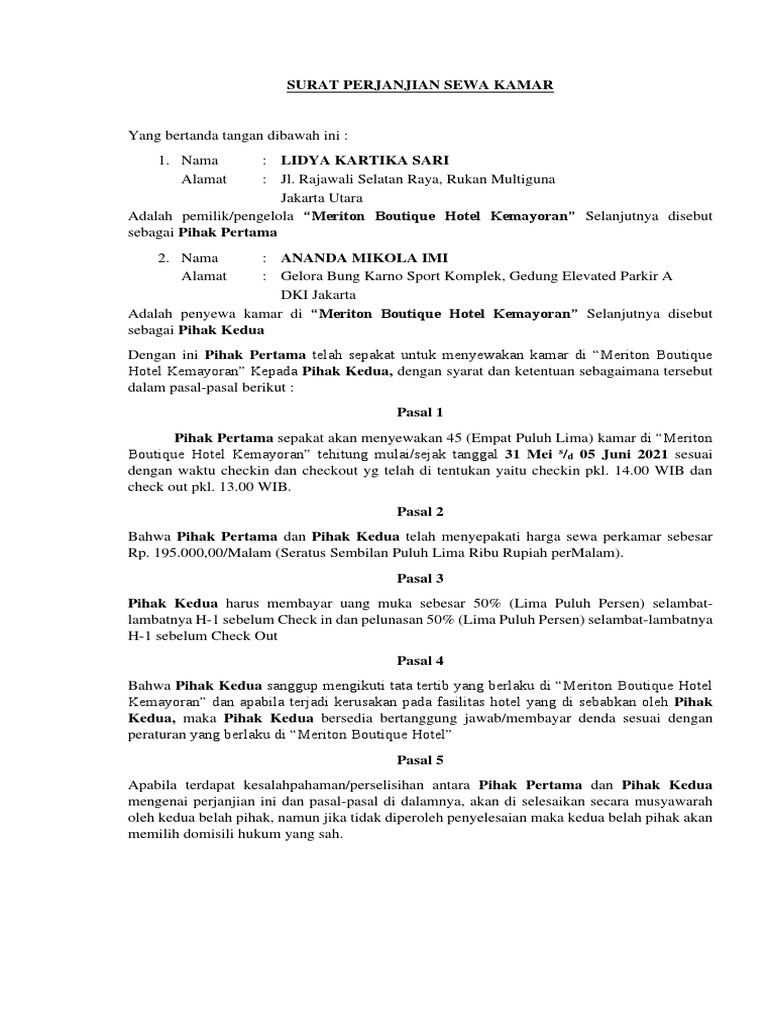 Surat Perjanjian Sewa Kamar | PDF