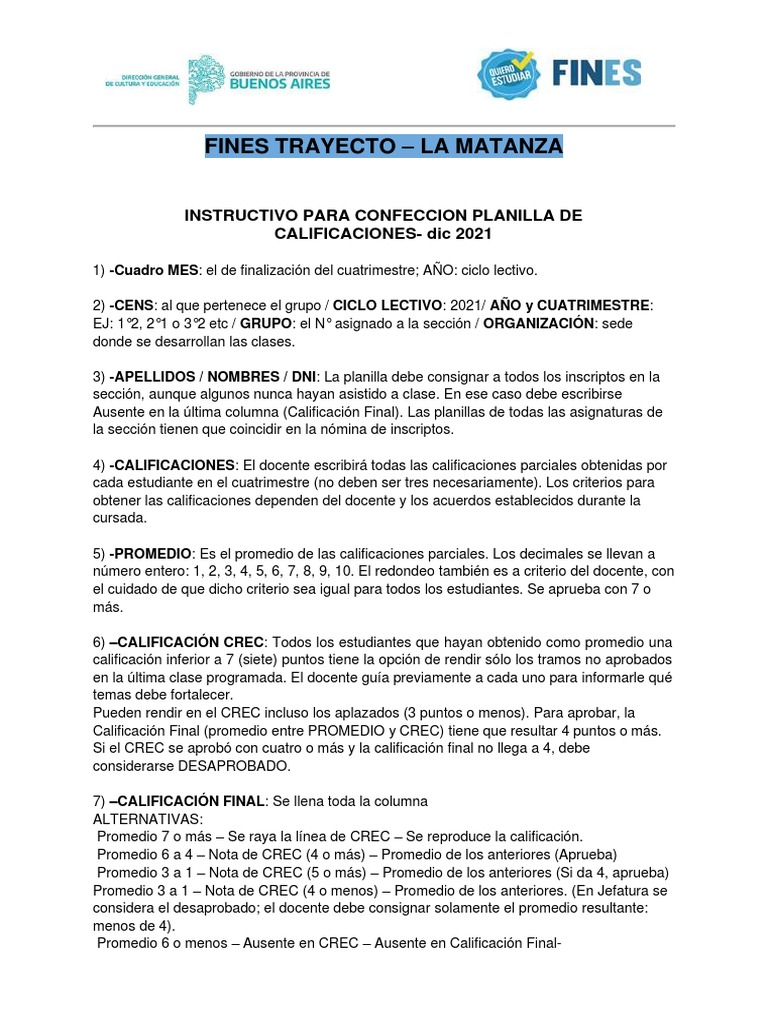 INSTRUCTIVO Plan CALIFICACION - FINES - LA MATANZA | PDF