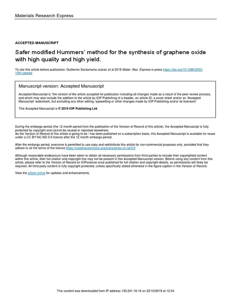 Safer Modified Hummers' Method For The Synthesis of Graphene Oxide With ...