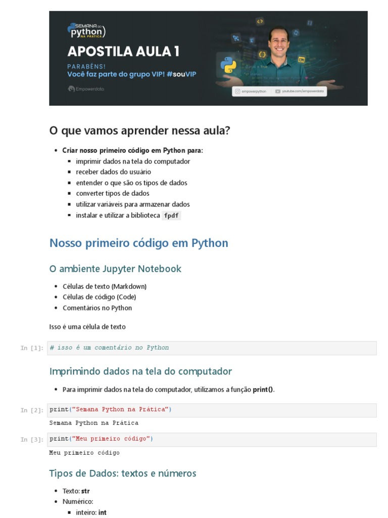 Apostila VIP - Aula 1 (Versão PDF | PDF | Python (linguagem de ...