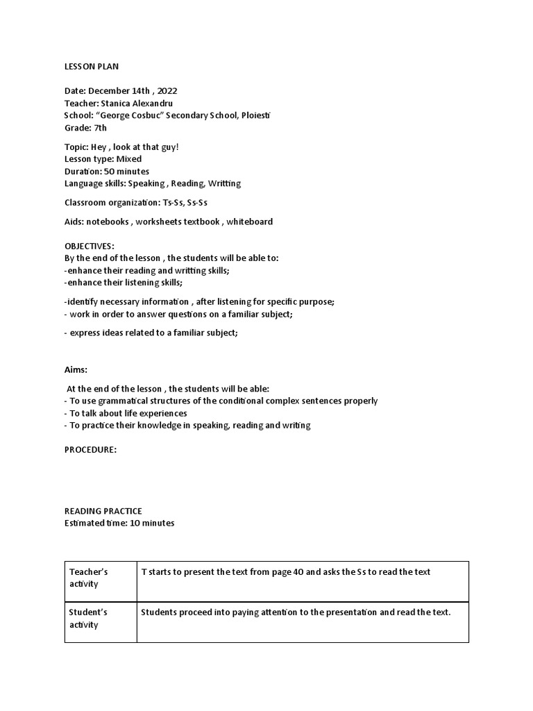 Plan Lectie A 7a Cosbuc 14 Dec | PDF | Teachers | Lesson Plan