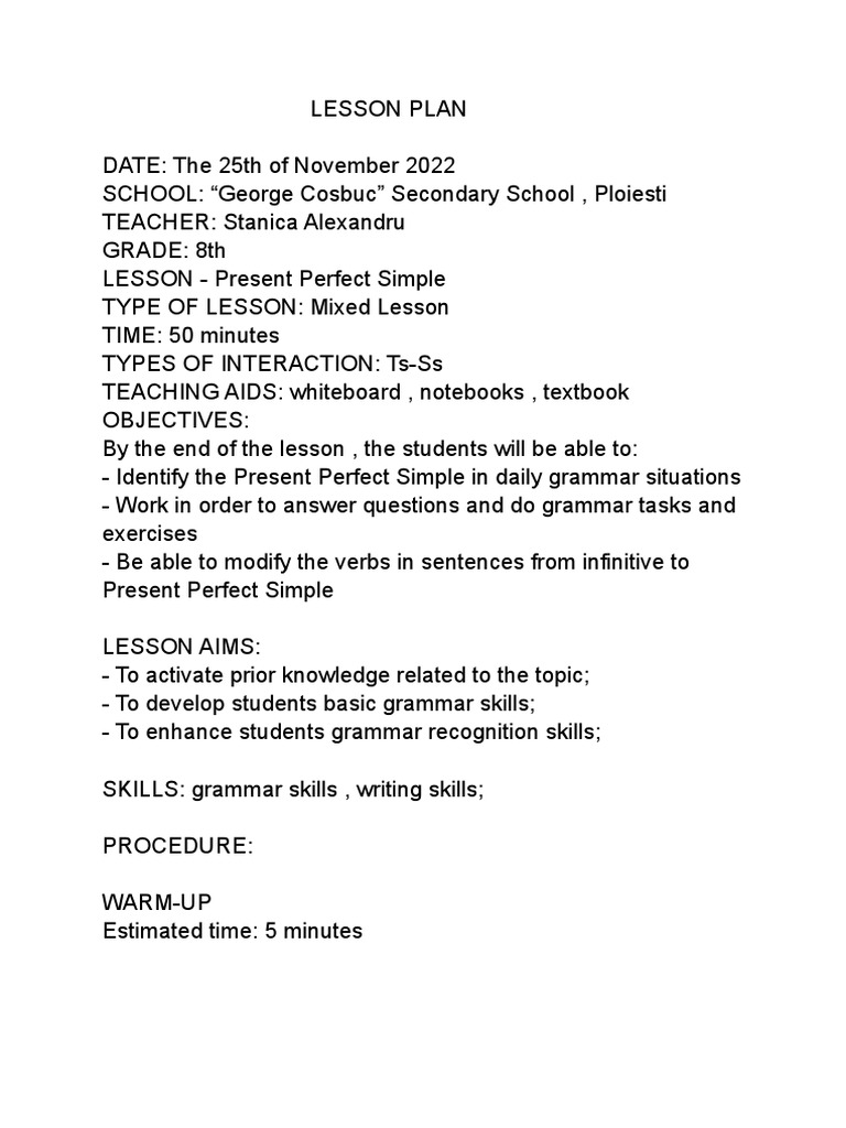Plan Lectie Clasa A 8a Cosbuc | PDF | Teachers | Perfect (Grammar)