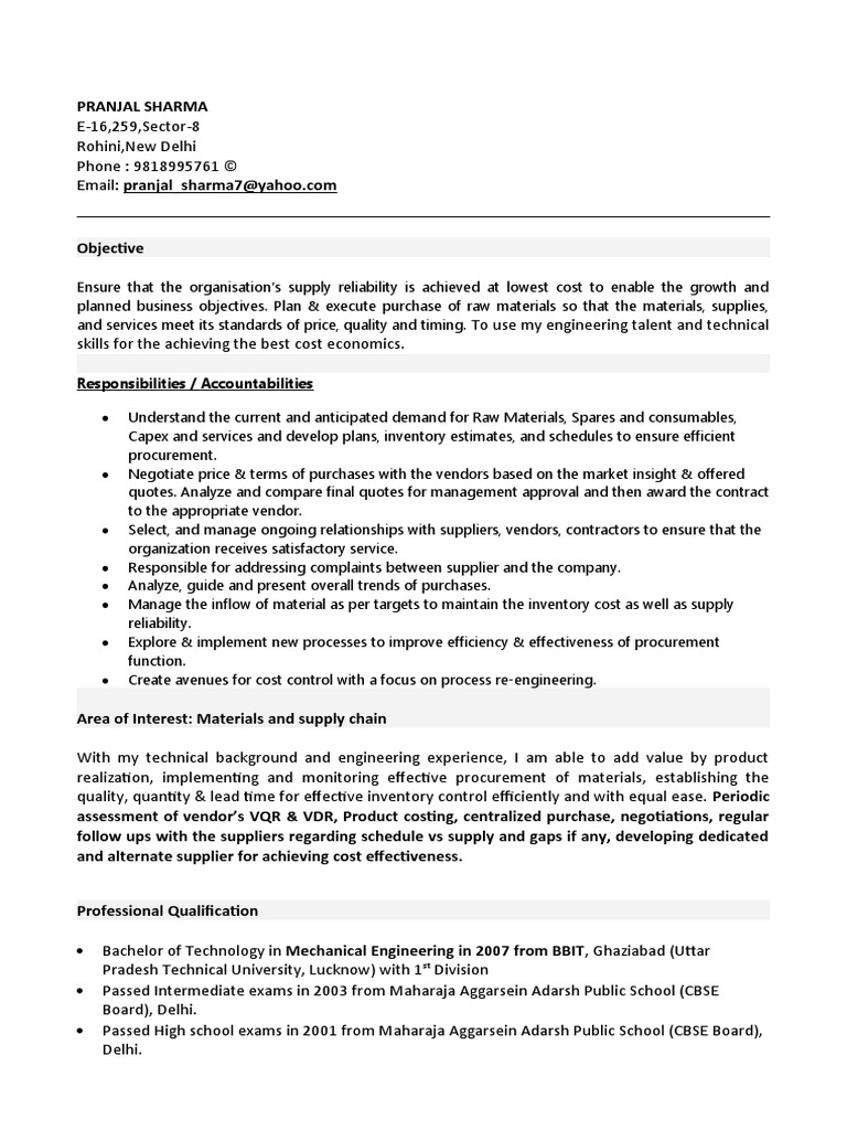 Resume B.tech ME - Purchase | PDF | Supply Chain | Procurement