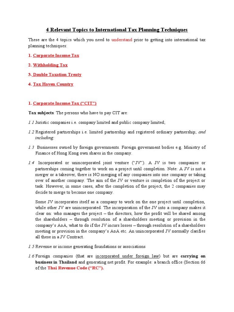 Tax Planning - Intro Notes | PDF | Taxes | Double Taxation