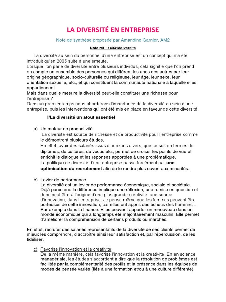 La diversité : atout pour l'entreprise | PDF