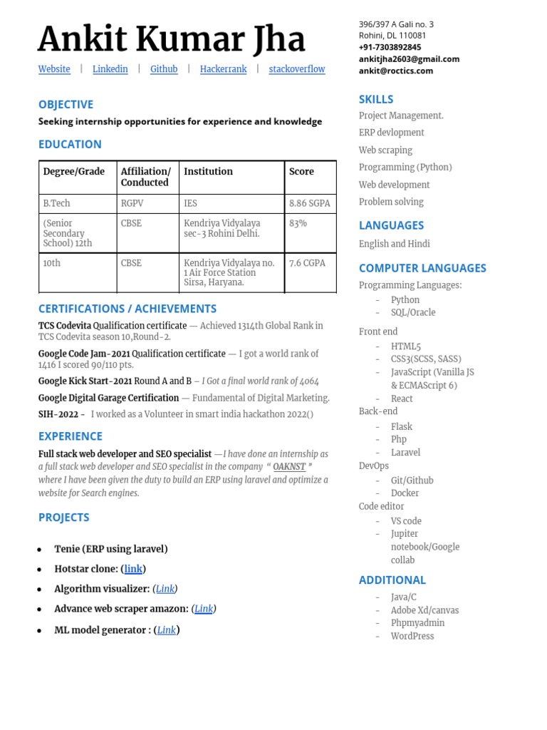 Ankitjha2603 Resume | PDF | Java Script | Software Development