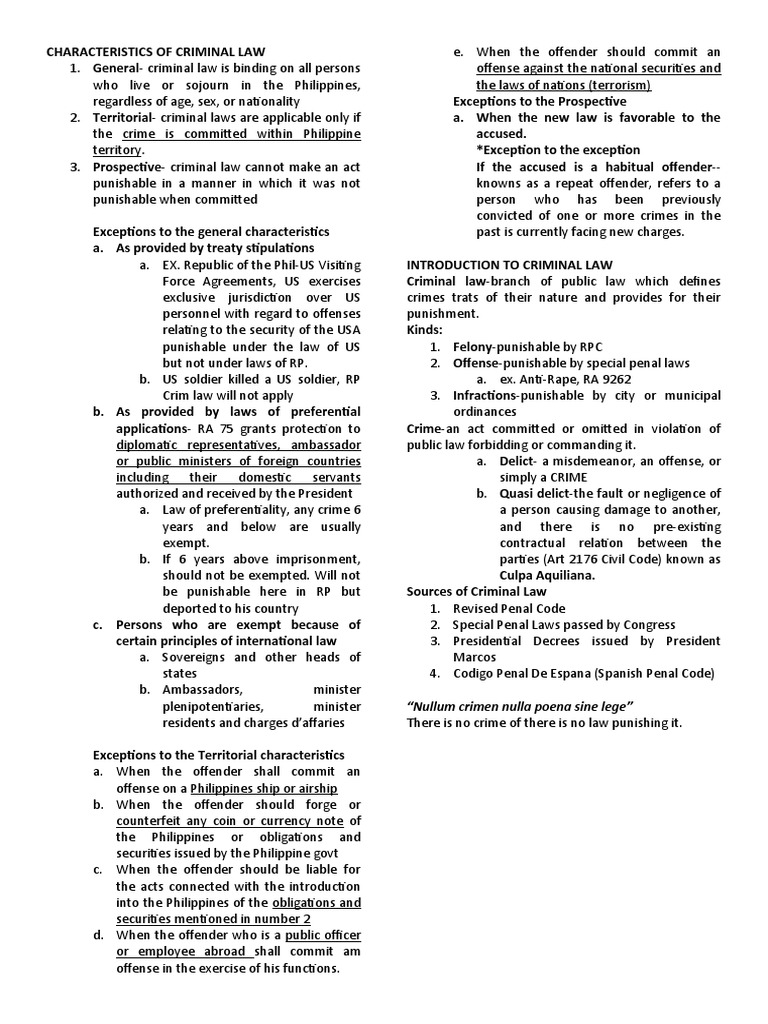 CRIMINAL LAW I (General Notes | PDF | Crime & Violence | Crimes