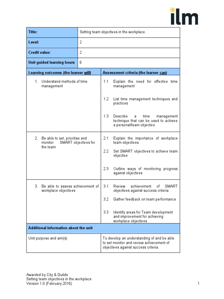 Setting Team Objectives in The Workplace Ilm Unit Spec | PDF | Business ...