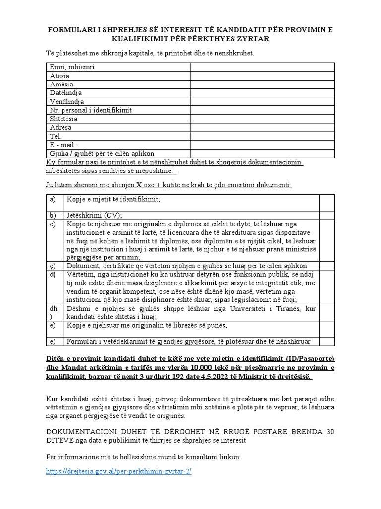 Formulari I Shprehjes Së Interesit Të Kandidatit Për Provimin e ...
