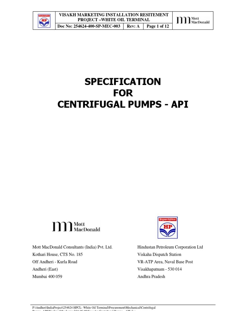 Centrifugal Pump Specification - API 610 | PDF | Pump | Specification ...