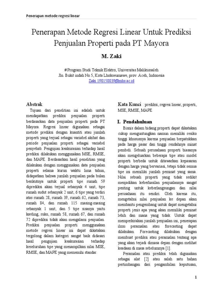 Penerapan Metode Regresi Linear Untuk Prediksi Penjualan Properti Pada ...