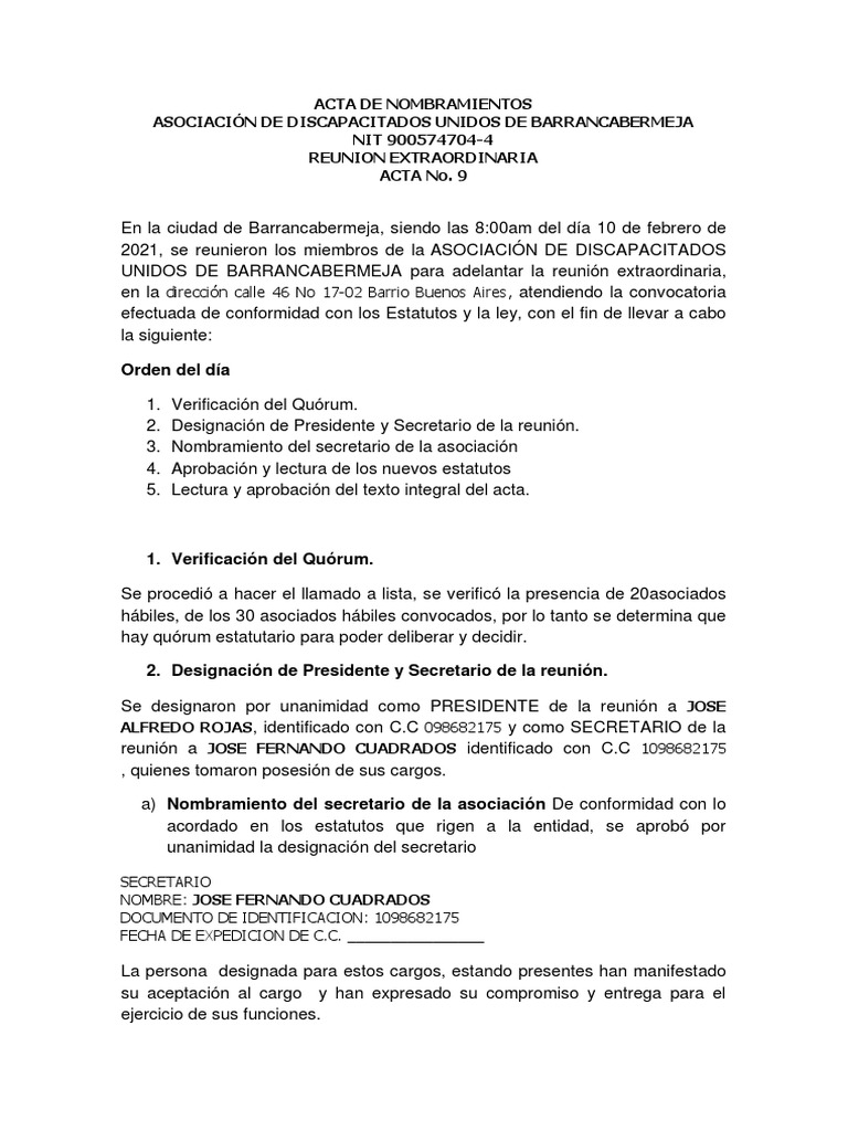 ACTA DE NOMBRAMIENTOS ESAL | PDF | Gobierno