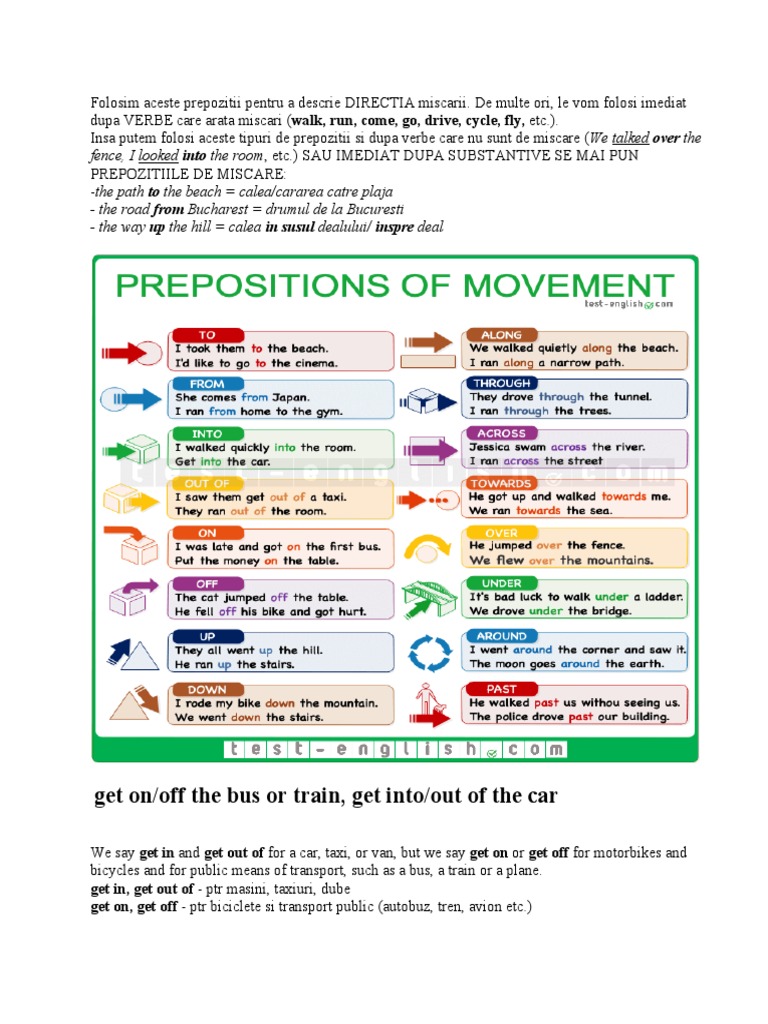 Prepositions of Movement Prepozitii de Miscare | PDF