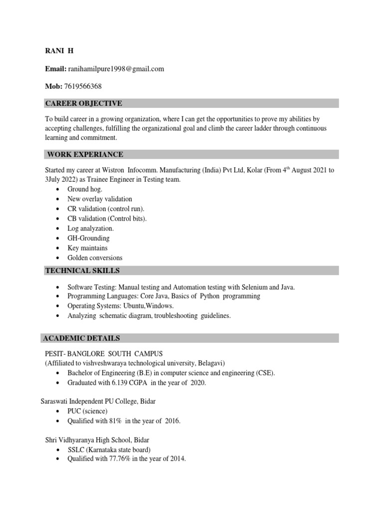 Rani H Mob: 7619566368 Career Objective | PDF | Business | Computers