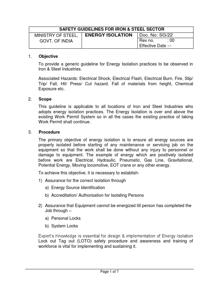 SG-22 Safety Guideline For Energy Isolation | PDF | Electricity ...