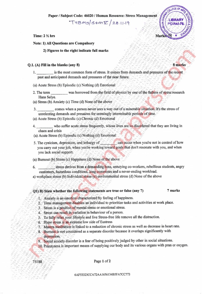 Stress Management Exam Paper | PDF | Stress (Biology) | Cognitive Science