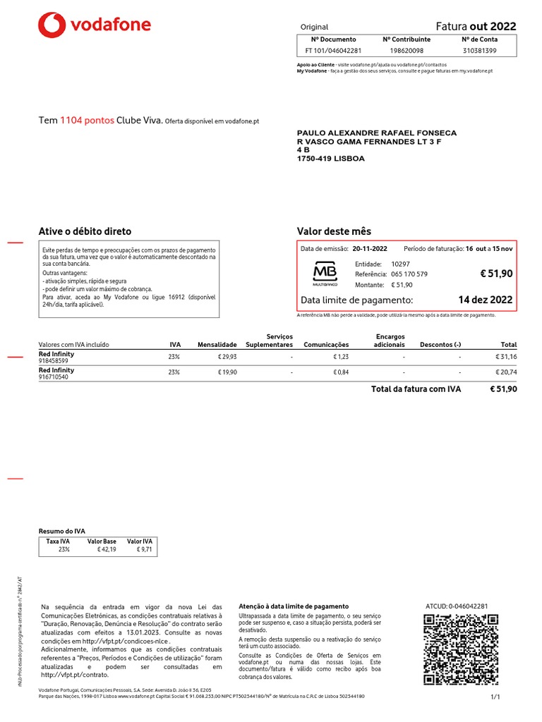 Fatura de serviços de telecomunicações de Outubro de 2022 contendo ...