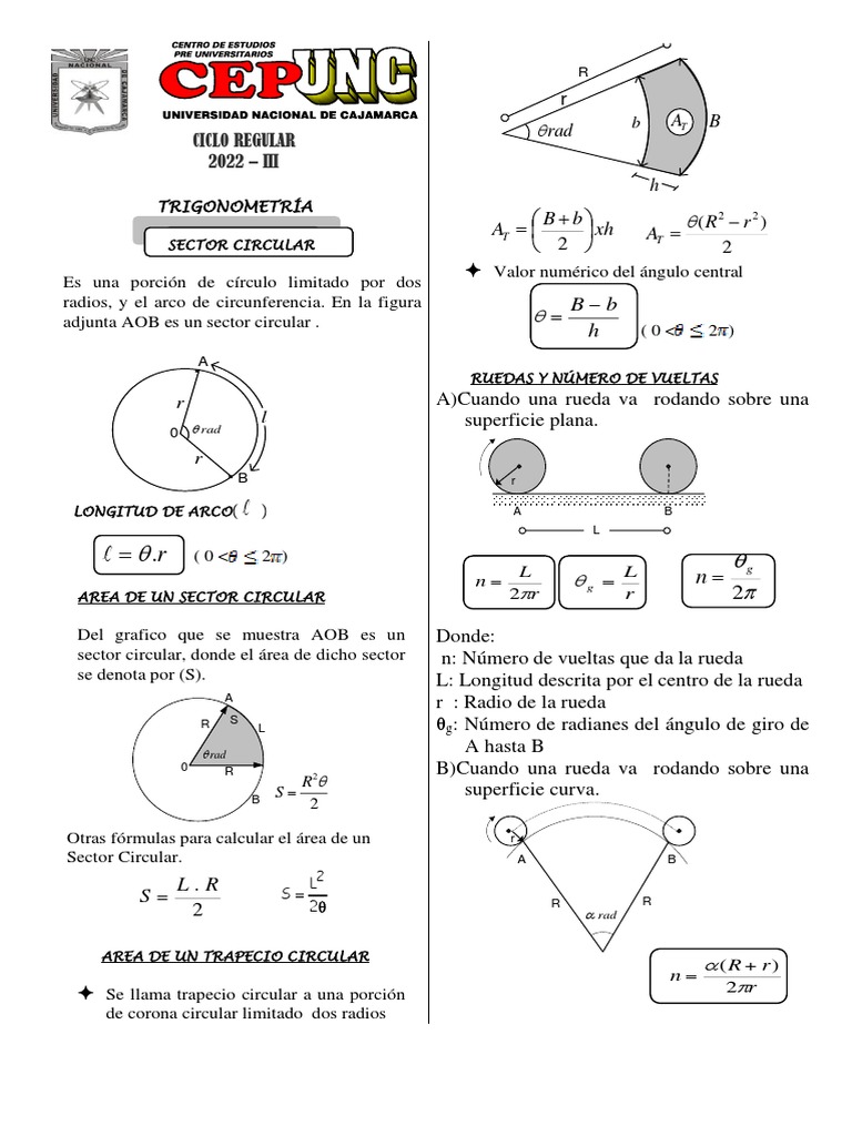 Trigonometría: Fórmulas y ejercicios sobre sectores circulares, número ...