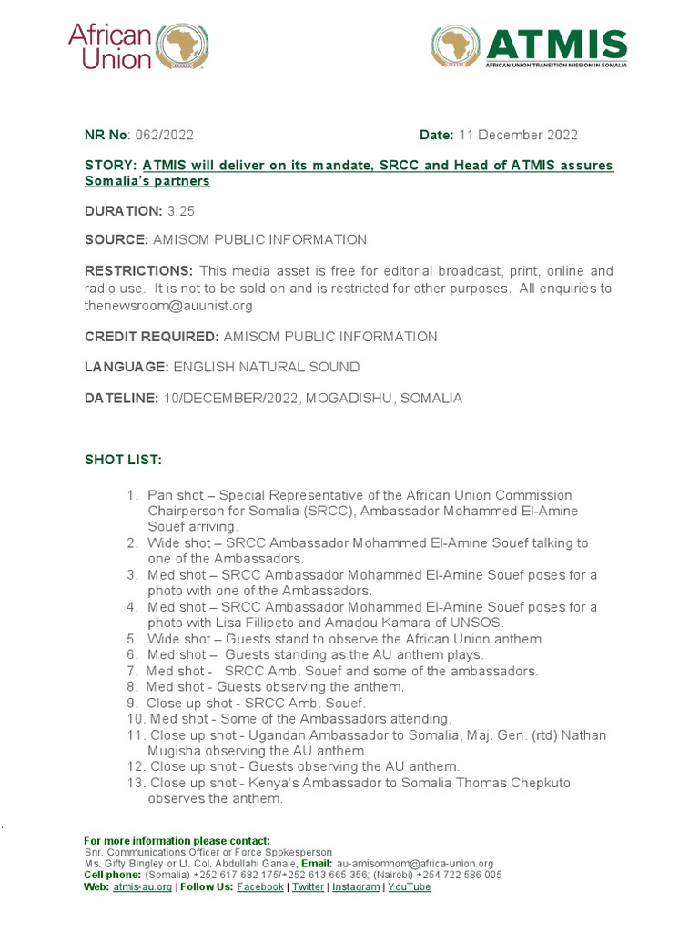 ATMIS Will Deliver On Its Mandate, SRCC and Head of ATMIS Assures Somalia's Partners | PDF ...
