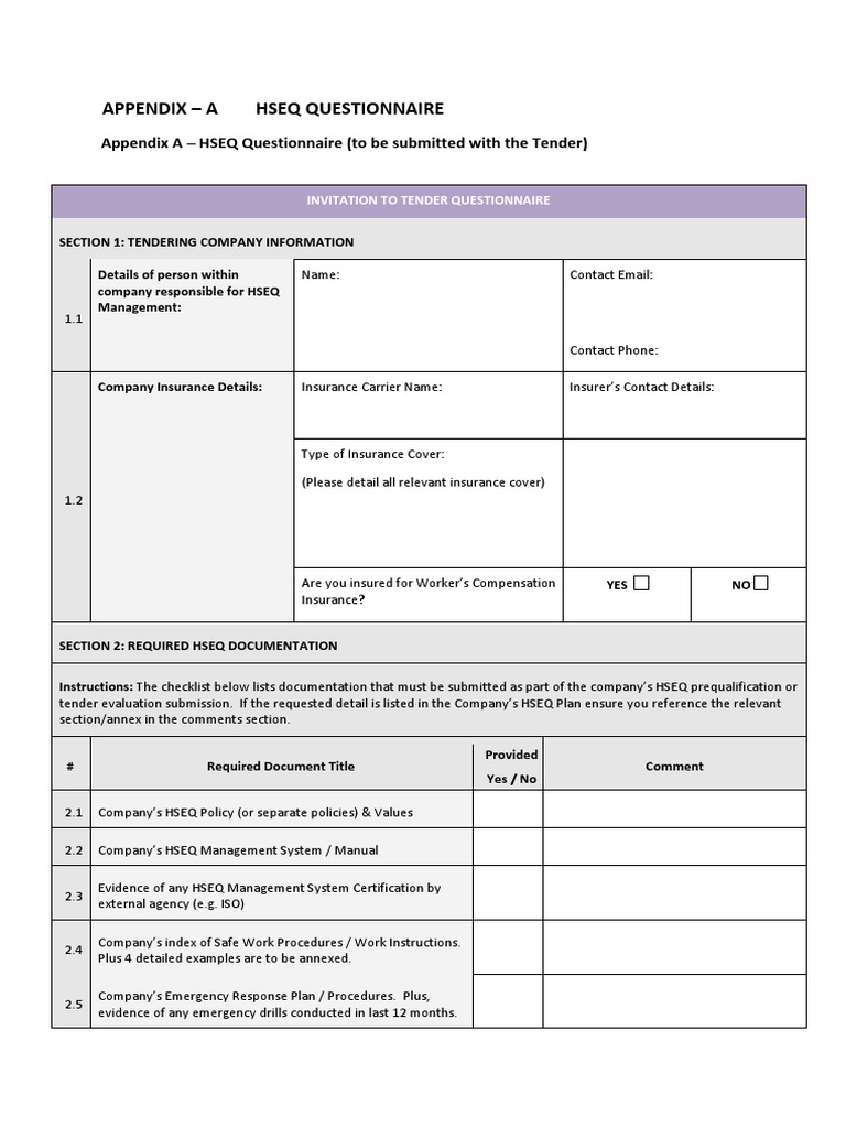 HSEQ Questionaire For Contractor Evaluation | PDF | Occupational Safety ...