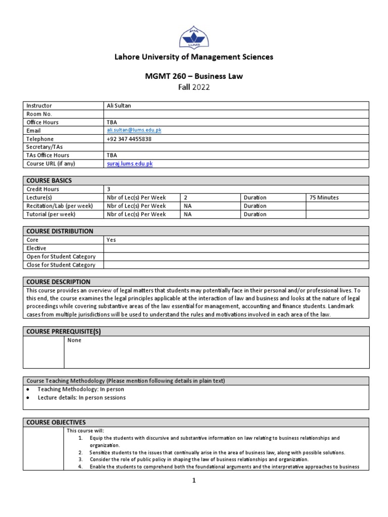 Business Law Course Outline Fall 2022 AS | PDF | Test (Assessment ...