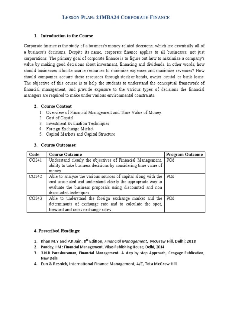 Corporate Finance Lesson Plan - 21MBA24 | PDF | Cost Of Capital ...