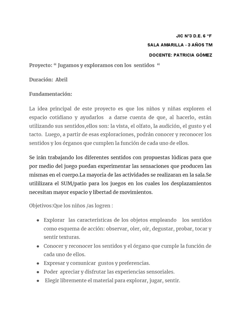 Proyecto"Jugamos y Exploramos Con Los Sentidos " | PDF