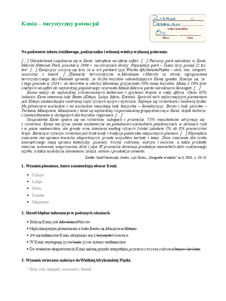 Karta Pracy Indywidualnej Kenia Turystyczny Potencjal - 2 | PDF Karta Pracy Indywidualnej Kenia Turystyczny Potencjal - 2 | PDF