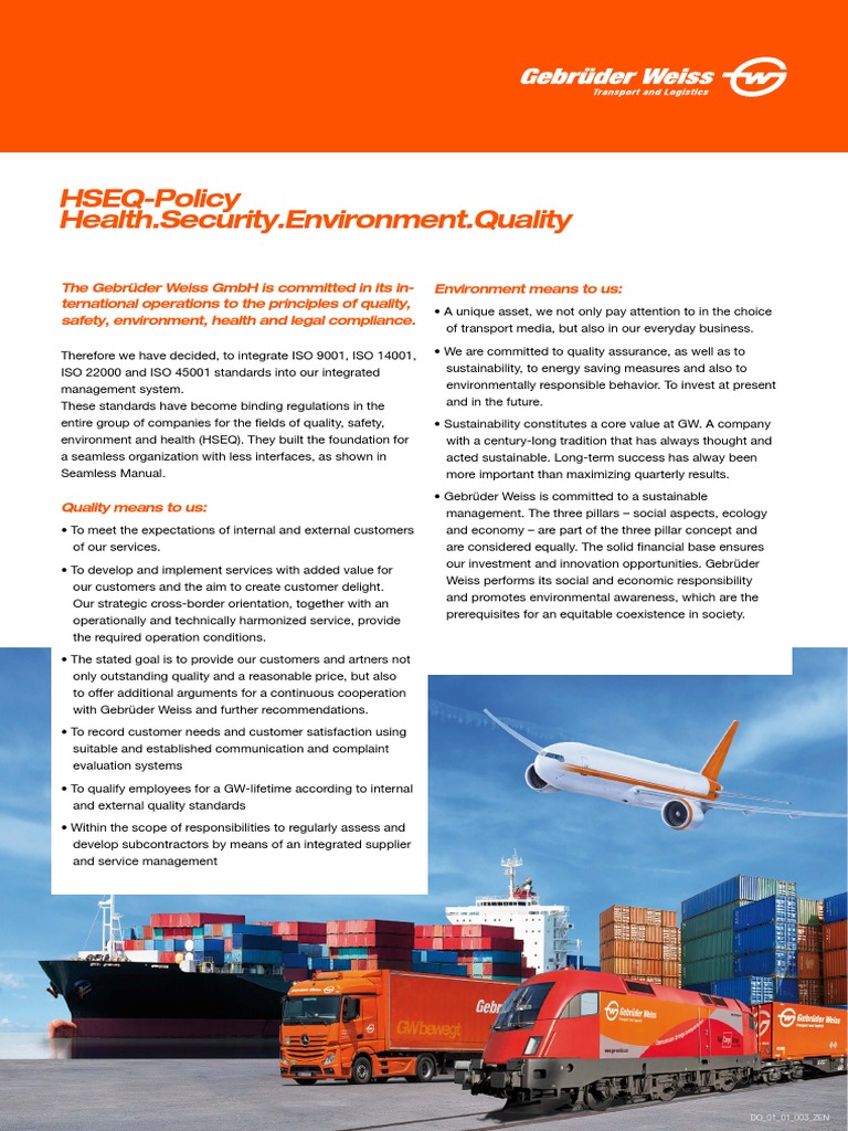 Hseq Policy Gw English Pdf Safety Occupational Safety And Health