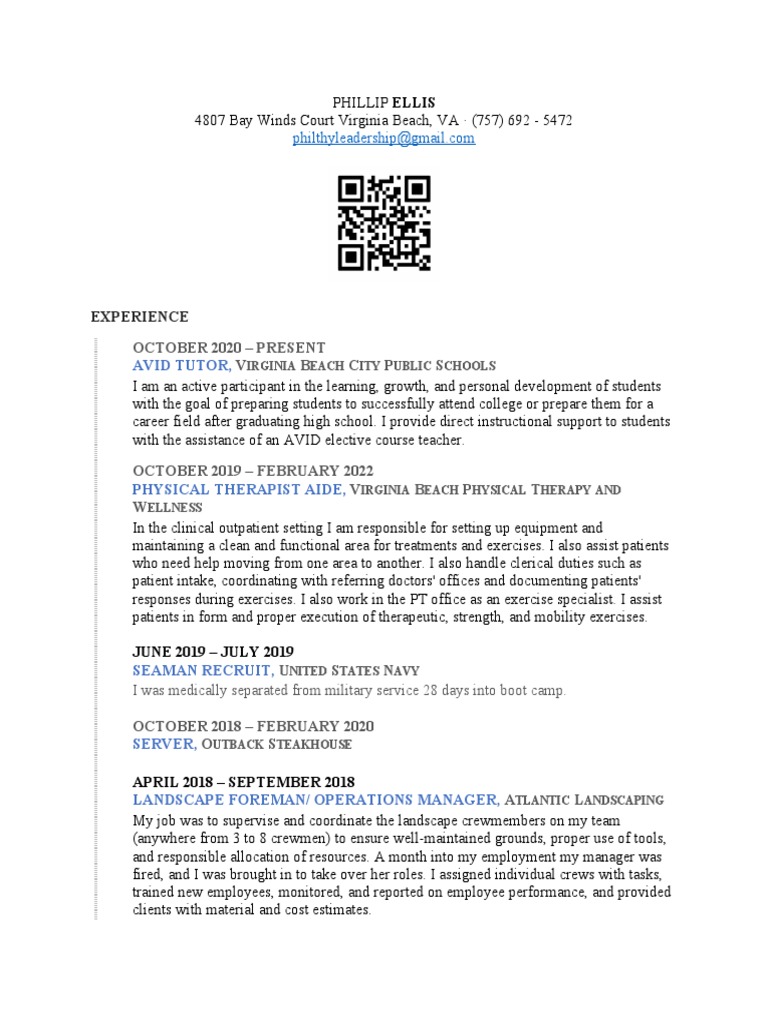 Phillip Ellis Resume QR | PDF | Physical Therapy | Health Sciences