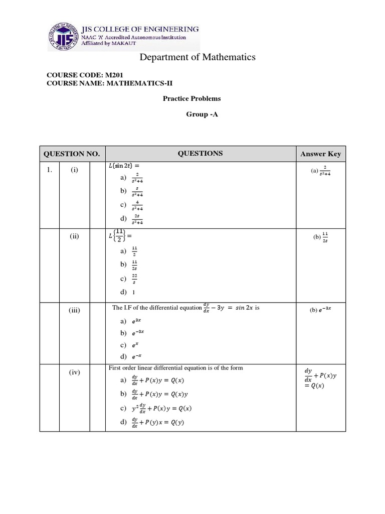 Practice Problems M201 | PDF | Differential Equations | Equations