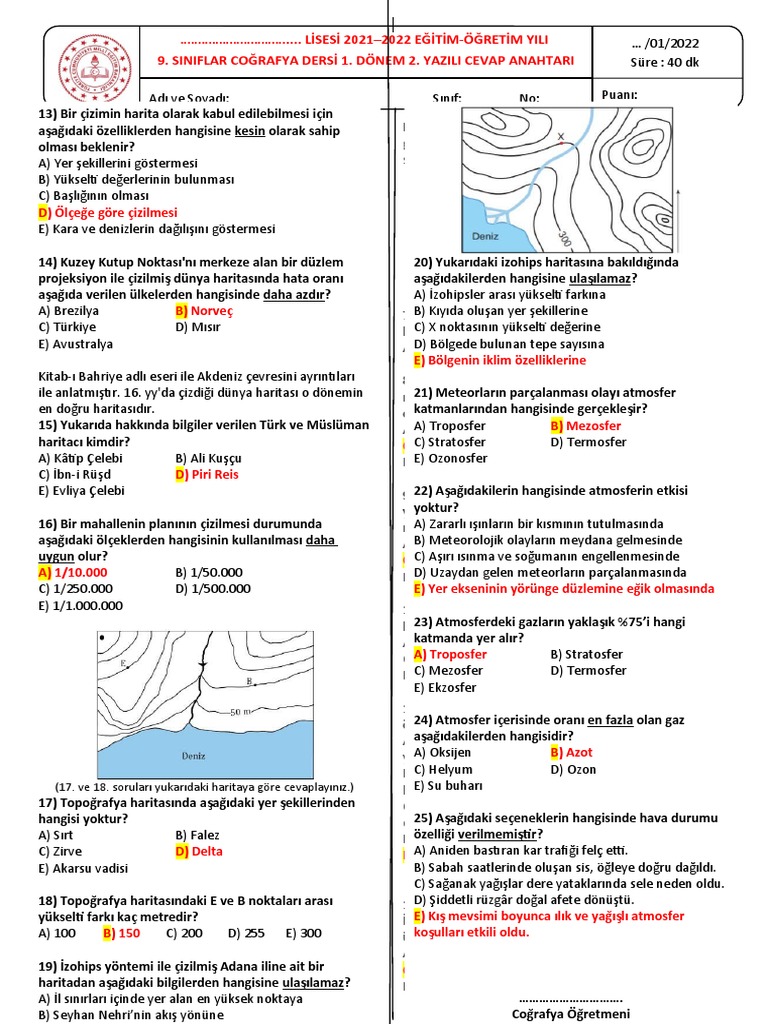 9 Sinif 1 Donem 2 Yazili Cevap Anahtari 2022 | PDF