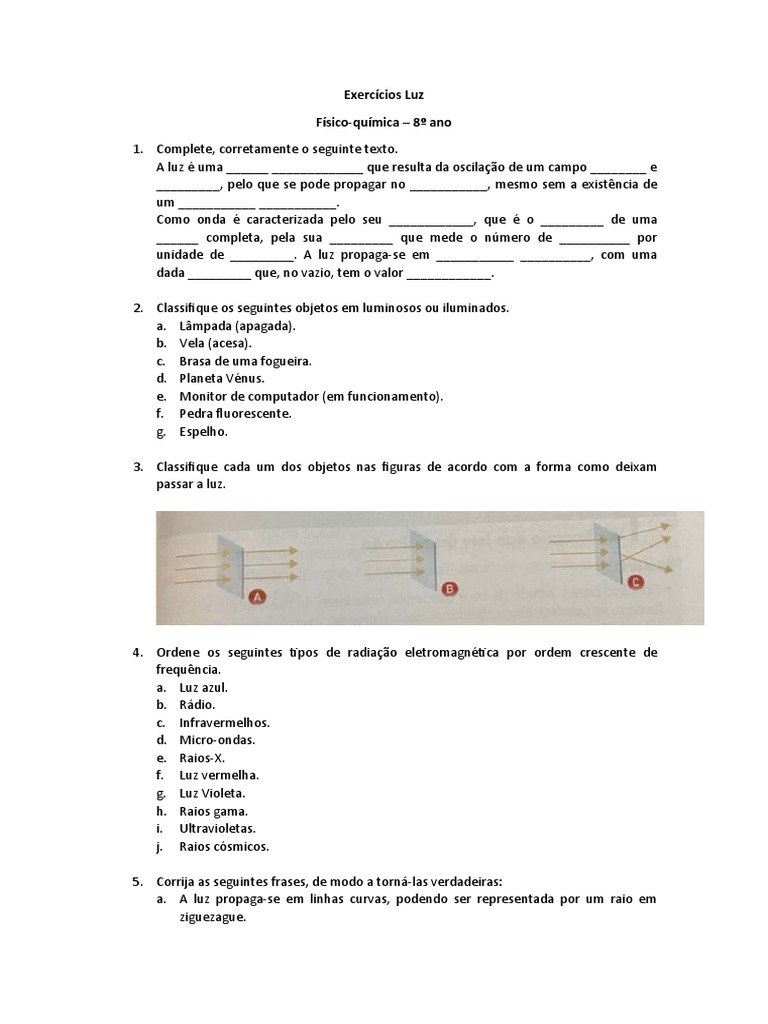 Exercícios Luz FQ (8º Ano) | PDF | Reflexão (Física) | Espelho