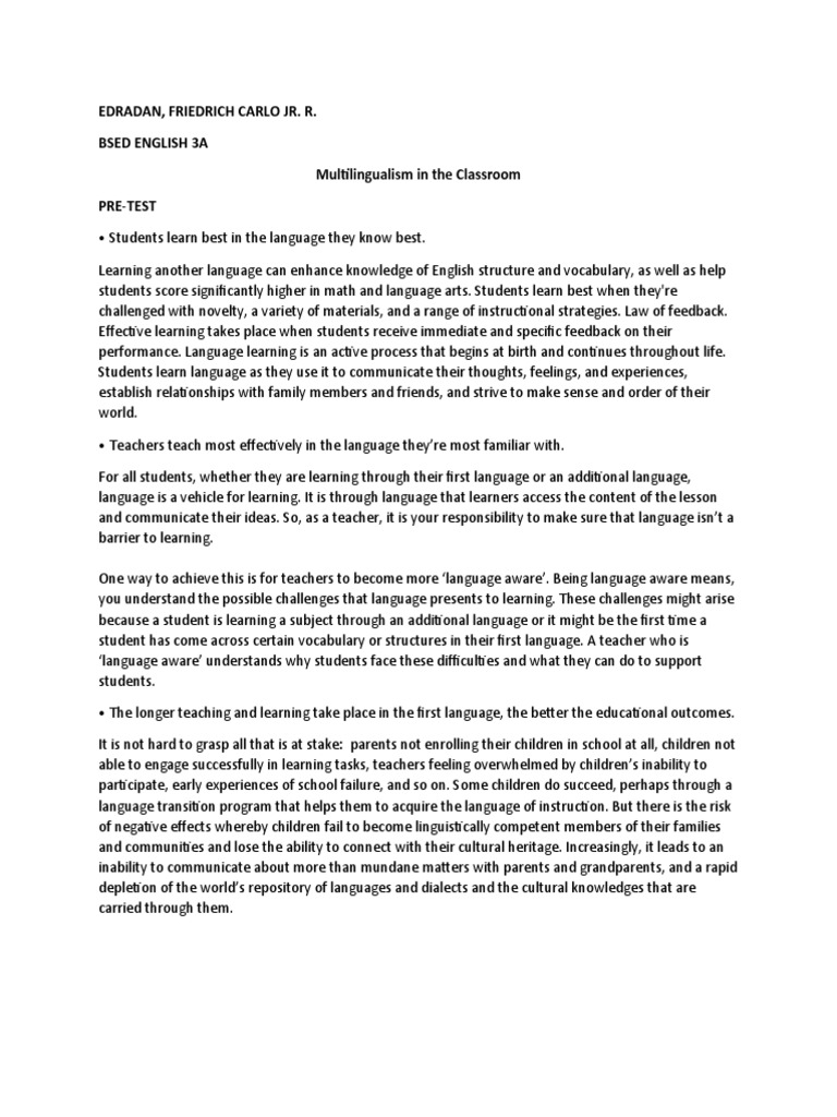 EDRADAN - Multilingualism in The Classroom | PDF | Multilingualism | Learning