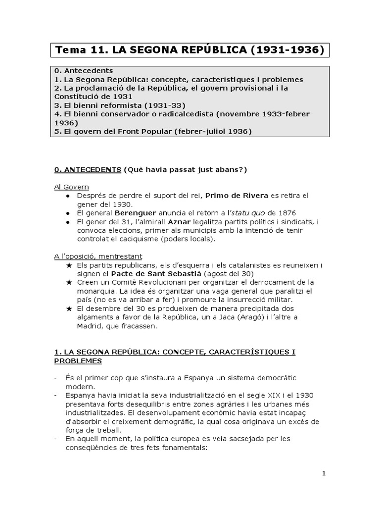 Tema 11. LA SEGONA REPÚBLICA (1931-1936) - 2 | PDF