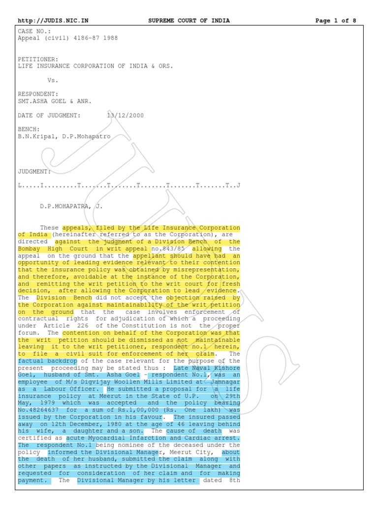 LIC v. Asha Goel. | PDF | Writ | Appeal