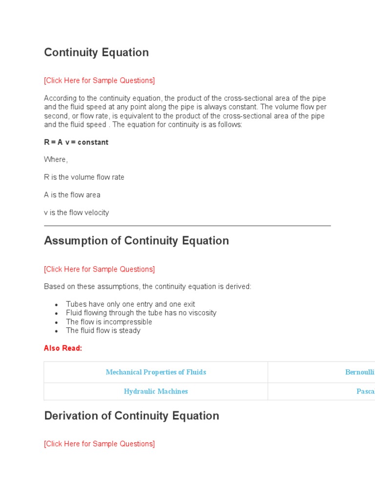 Continuity Equation Derivation | PDF | Fluid Dynamics | Chemical ...