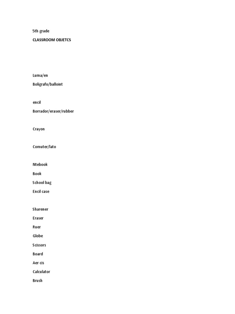 Essential Classroom Objects for 5th Grade | PDF | Home & Garden | Art